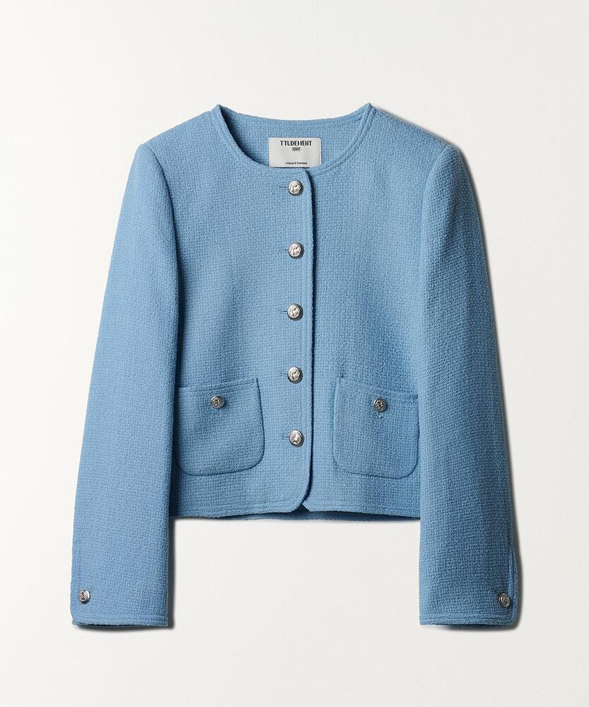 COLLARLESS TWEED JACKET BLUE - TTUDEMENT