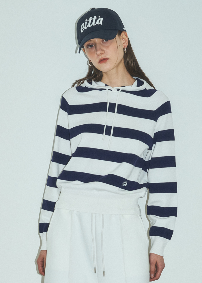 Citta Logo Stitch Stripe Hooded Knit_CTK229(Ivory_Navy) - CITTA