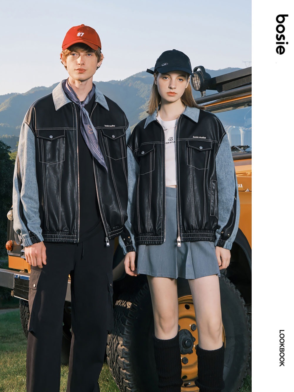 Bosie Denim Splicing Pu Leather Jacket 비엑세스