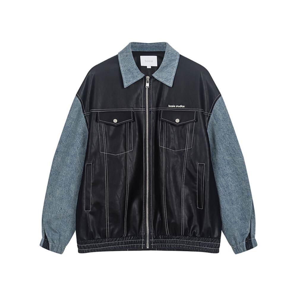Bosie Denim Splicing Pu Leather Jacket 비엑세스