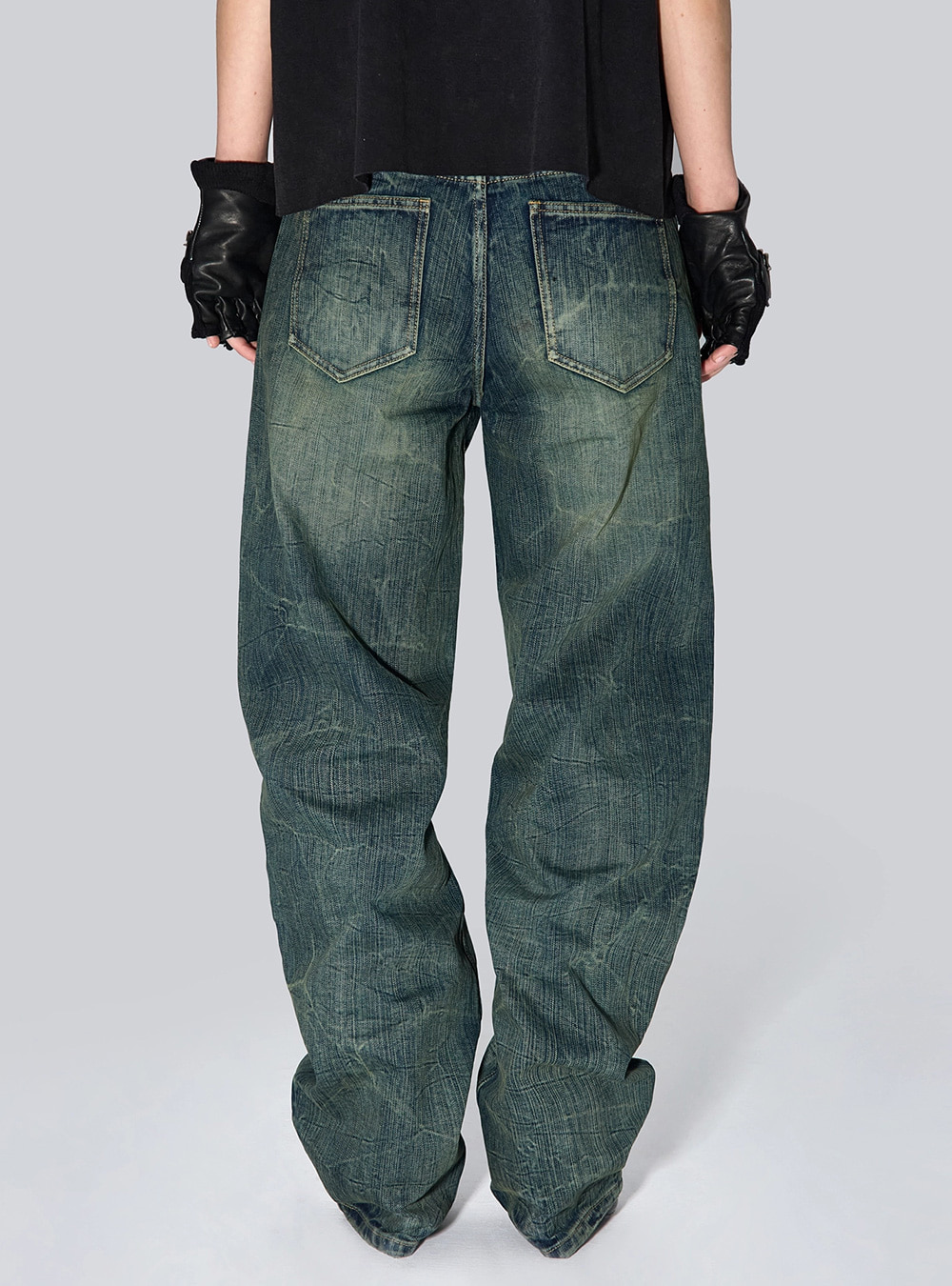 Washed Bamboo Texture Distressed Jeans - BCAESAR
