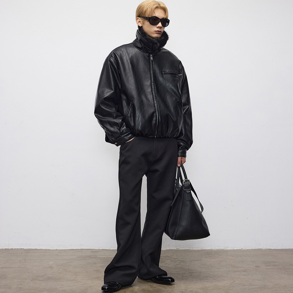 Faux Fur Collar Leather High Neck Jacket | BCAESAR