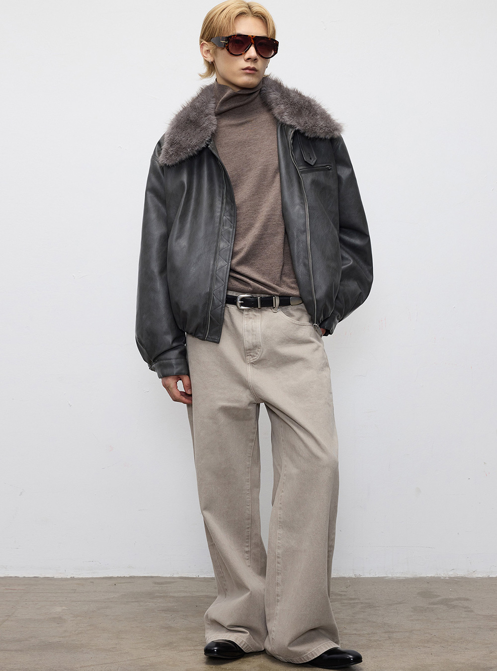 Faux Fur Collar Leather High Neck Jacket | BCAESAR