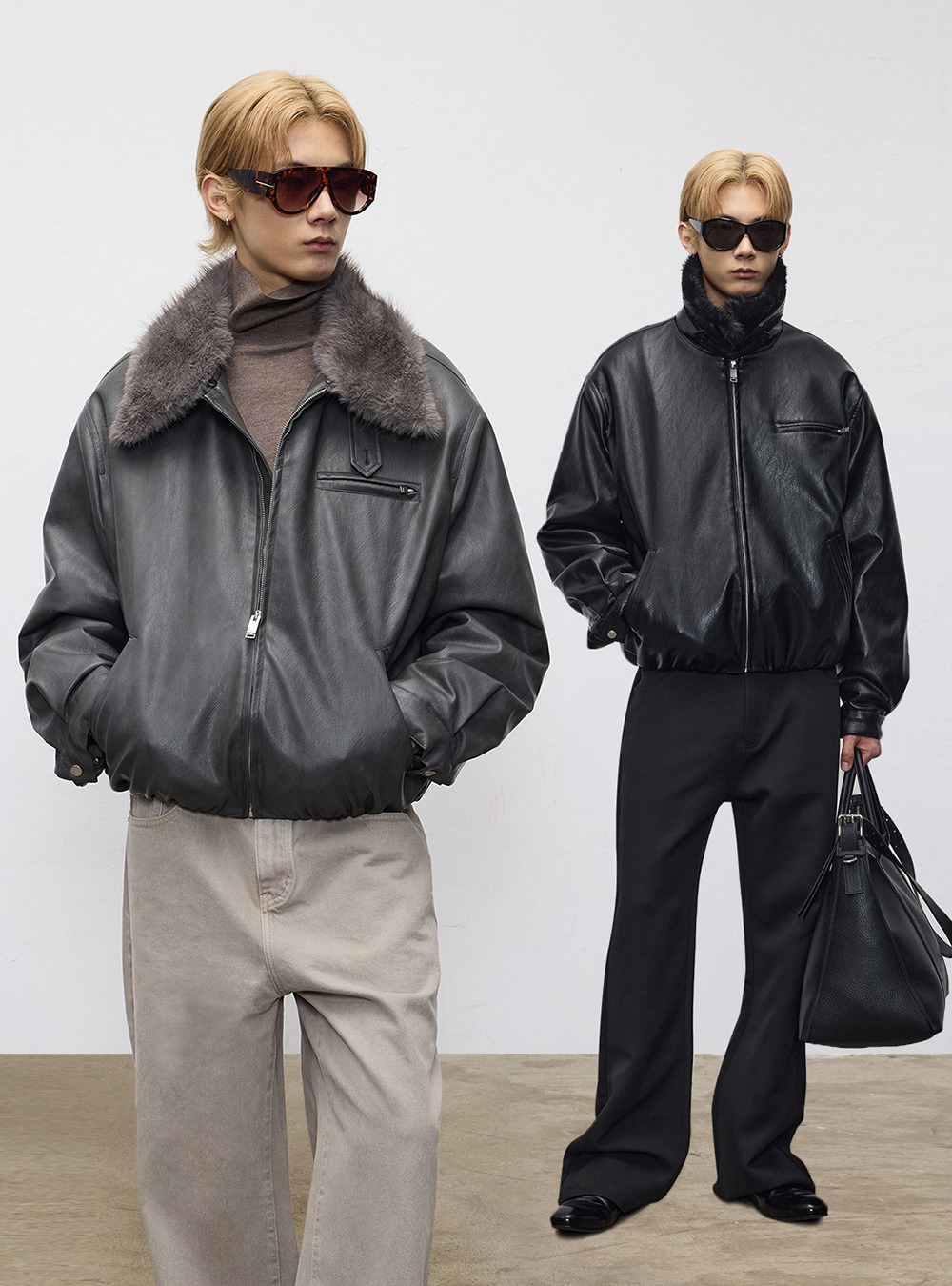 Faux Fur Collar Leather High Neck Jacket | BCAESAR