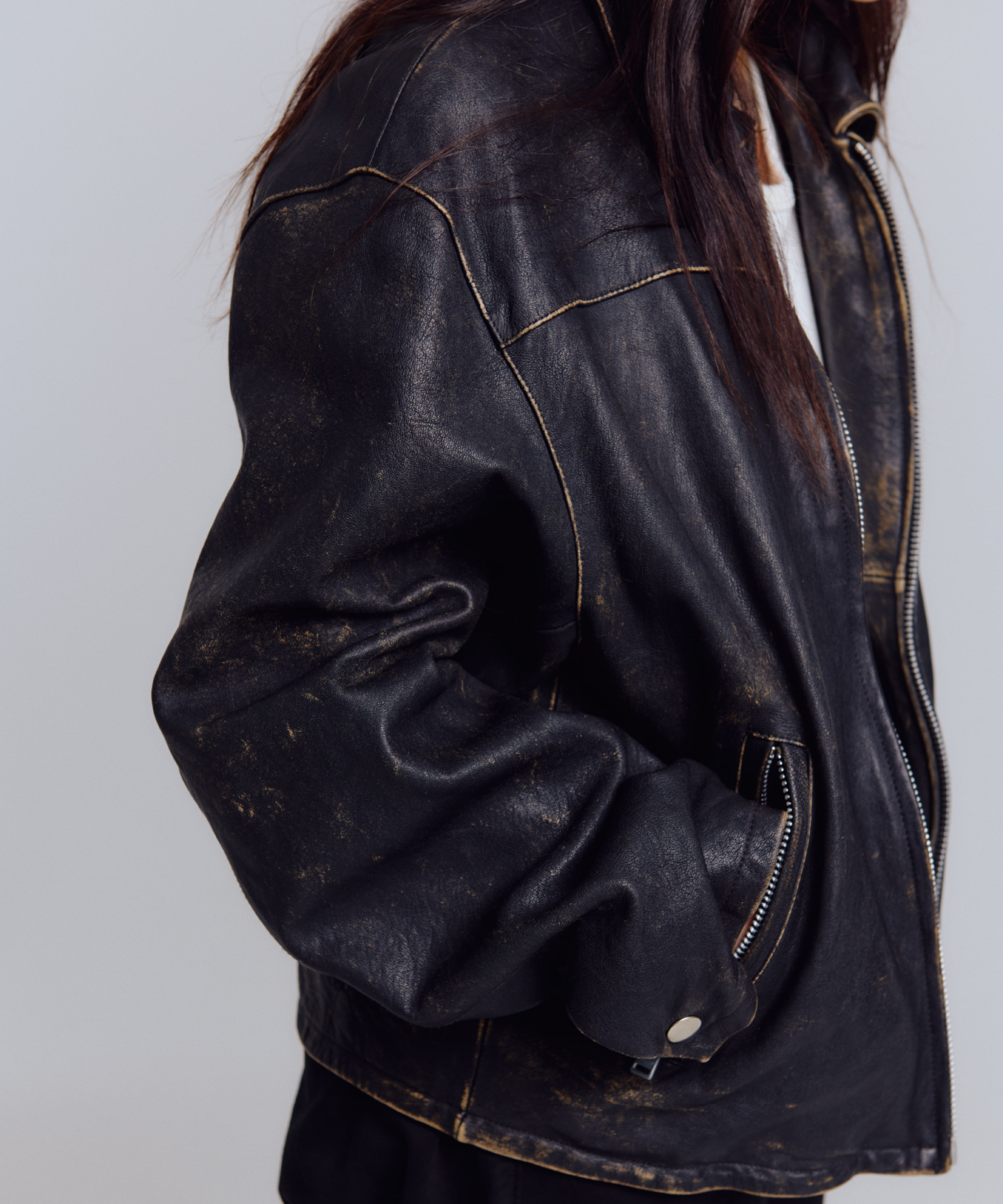 Heavily Washed Leather Jacket (Black) - FADING MARKET