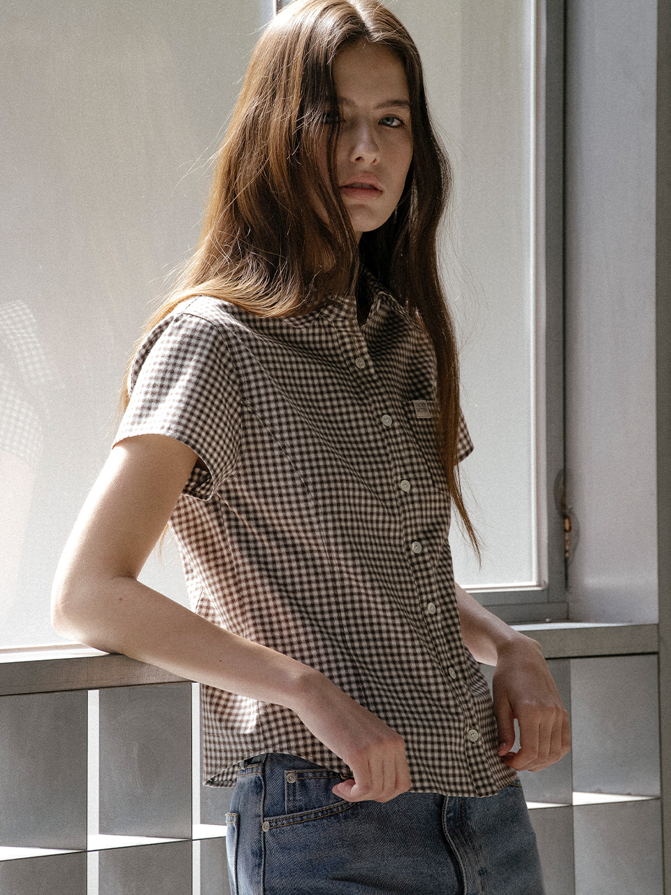 Gingham check half shirt [KNSS03SH01]_Brown | 노운베러