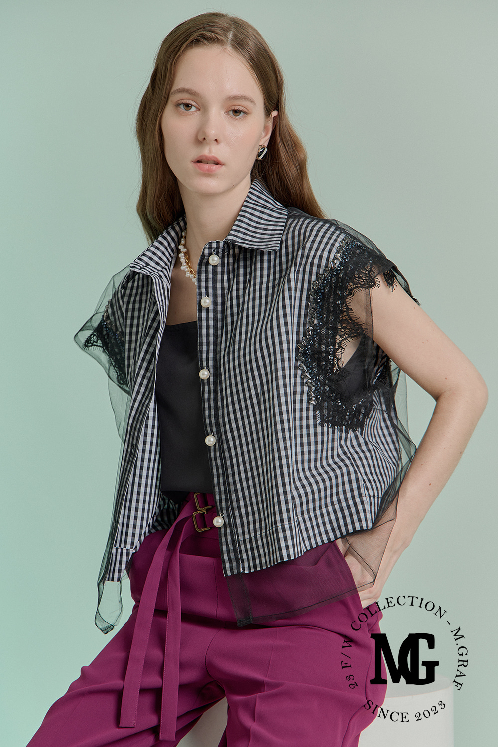 [M.GRAF] 고방체크 메쉬 레이어드 셔츠 블라우스_M.Graf
