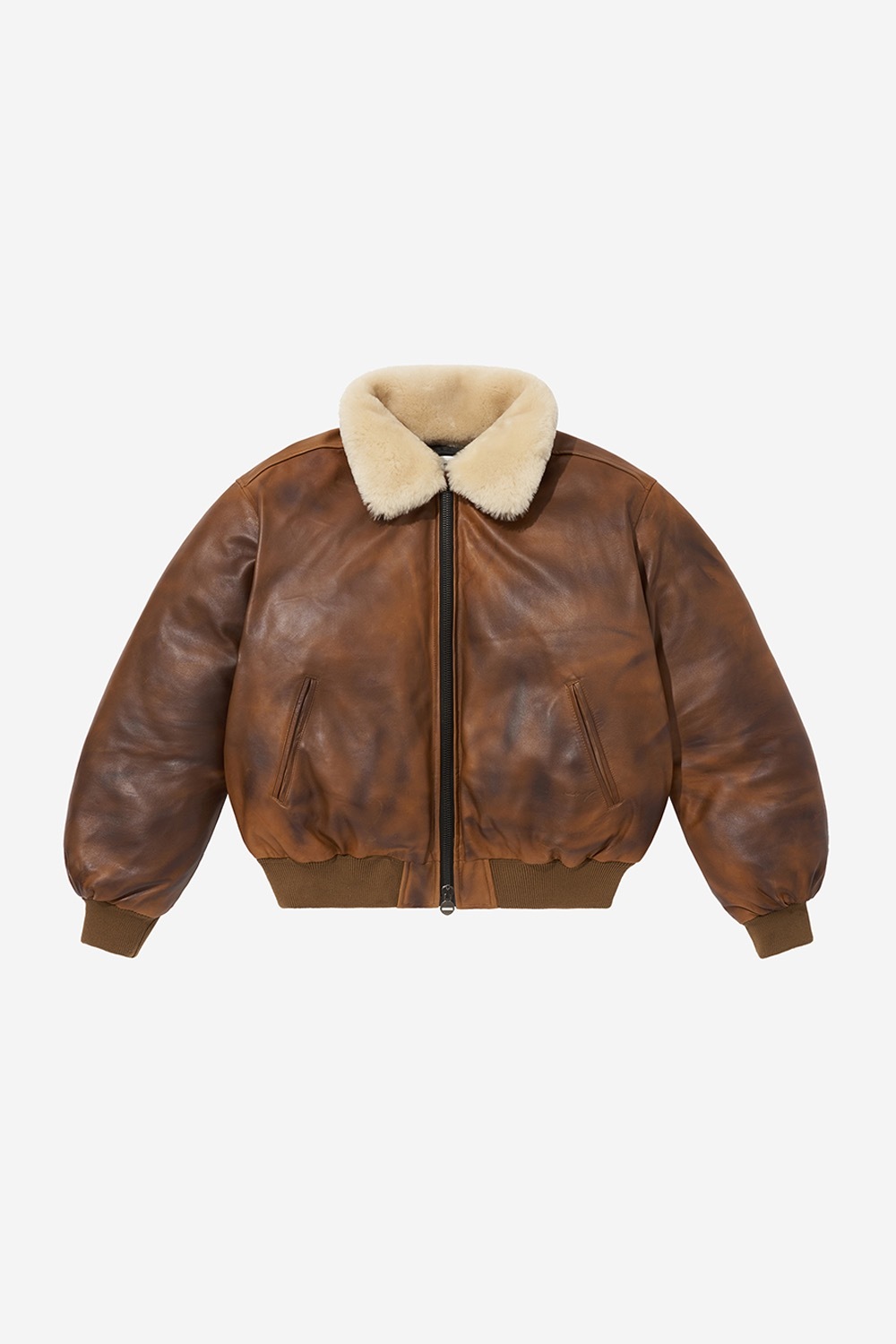 SHEARLING COLLAR HAND-FADING LEATHER GOOSE DOWN JACKET - BROWN - 바이랑 ...
