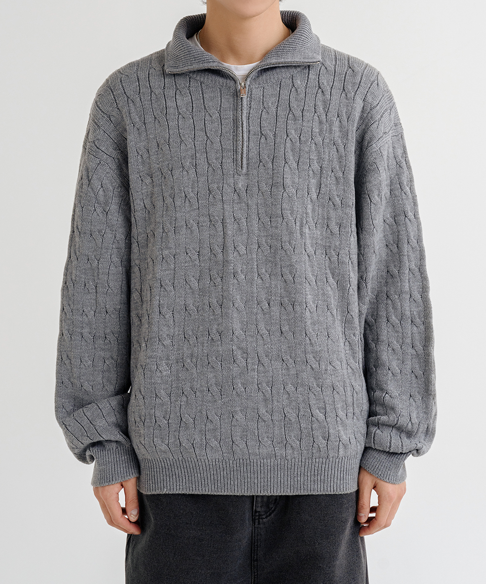 오버핏 볼륨 워셔블 하프집업 케이블 니트 Gray - LEMAIN SECOND