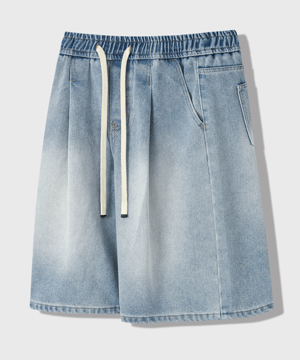 버뮤다 와이드 원턱 데님 밴딩 쇼츠 Light Blue - LEMAIN SECOND