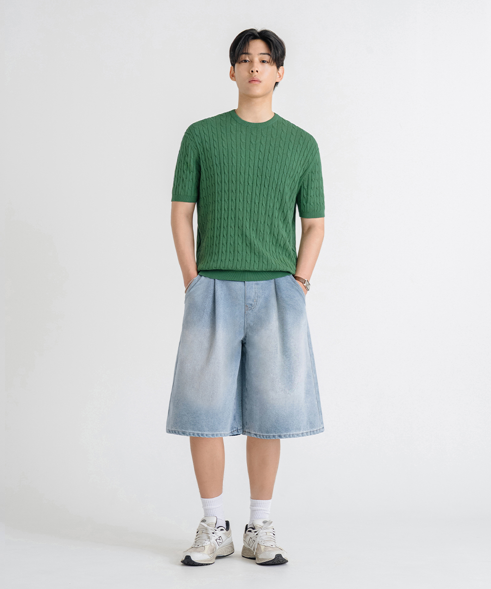 버뮤다 와이드 원턱 데님 밴딩 쇼츠 Light Blue - LEMAIN SECOND