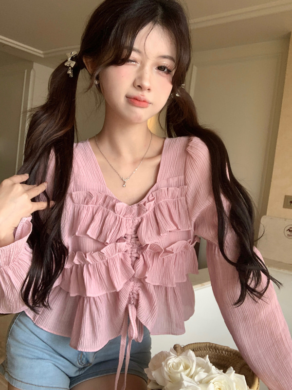 페미닌 리본 프릴 블라우스 스퀘어 V 브이 넥 롱 슬리브 얇은 긴팔 티어드 프릴 캉캉 셔링 스트링 리본 크롭 미니 숏 시스루