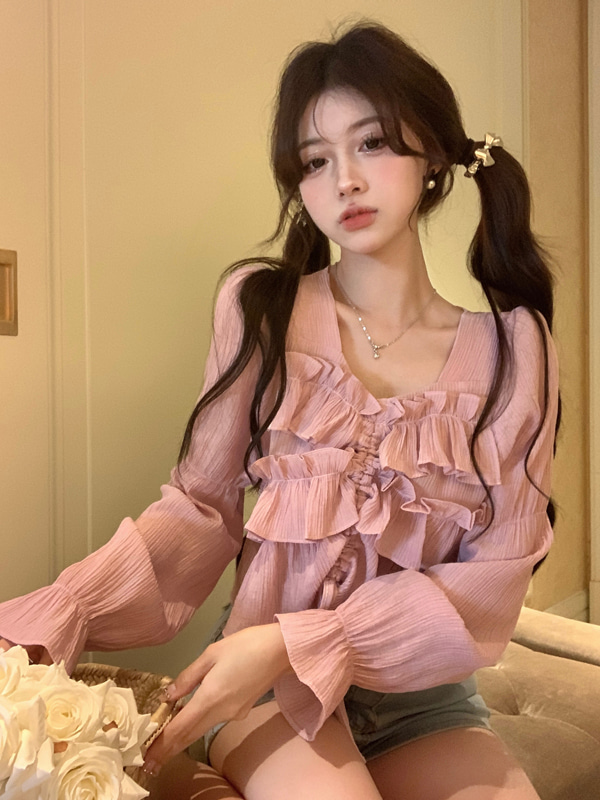 페미닌 리본 프릴 블라우스 스퀘어 V 브이 넥 롱 슬리브 얇은 긴팔 티어드 프릴 캉캉 셔링 스트링 리본 크롭 미니 숏 시스루
