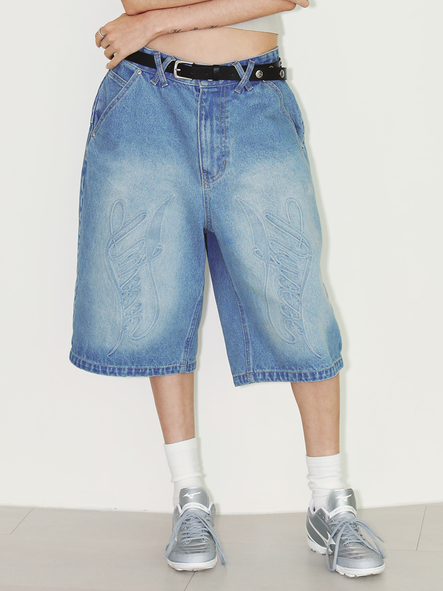 EMBOSSED DENIM HALF PANTS LIGHT BLUE - NYXX