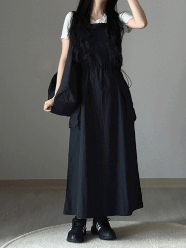 [인기/꾸안꾸] 스트링 바스락 롱 카고 원피스 (롱원피스/여행룩/데이트룩/뒷트임)