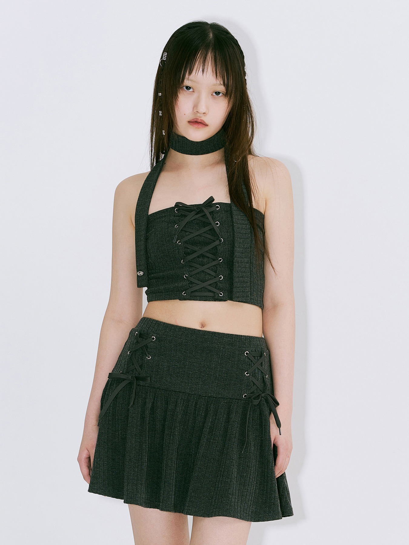 LACE-UP SCARF TUBE TOP_CHARCOAL - NIIER NOR