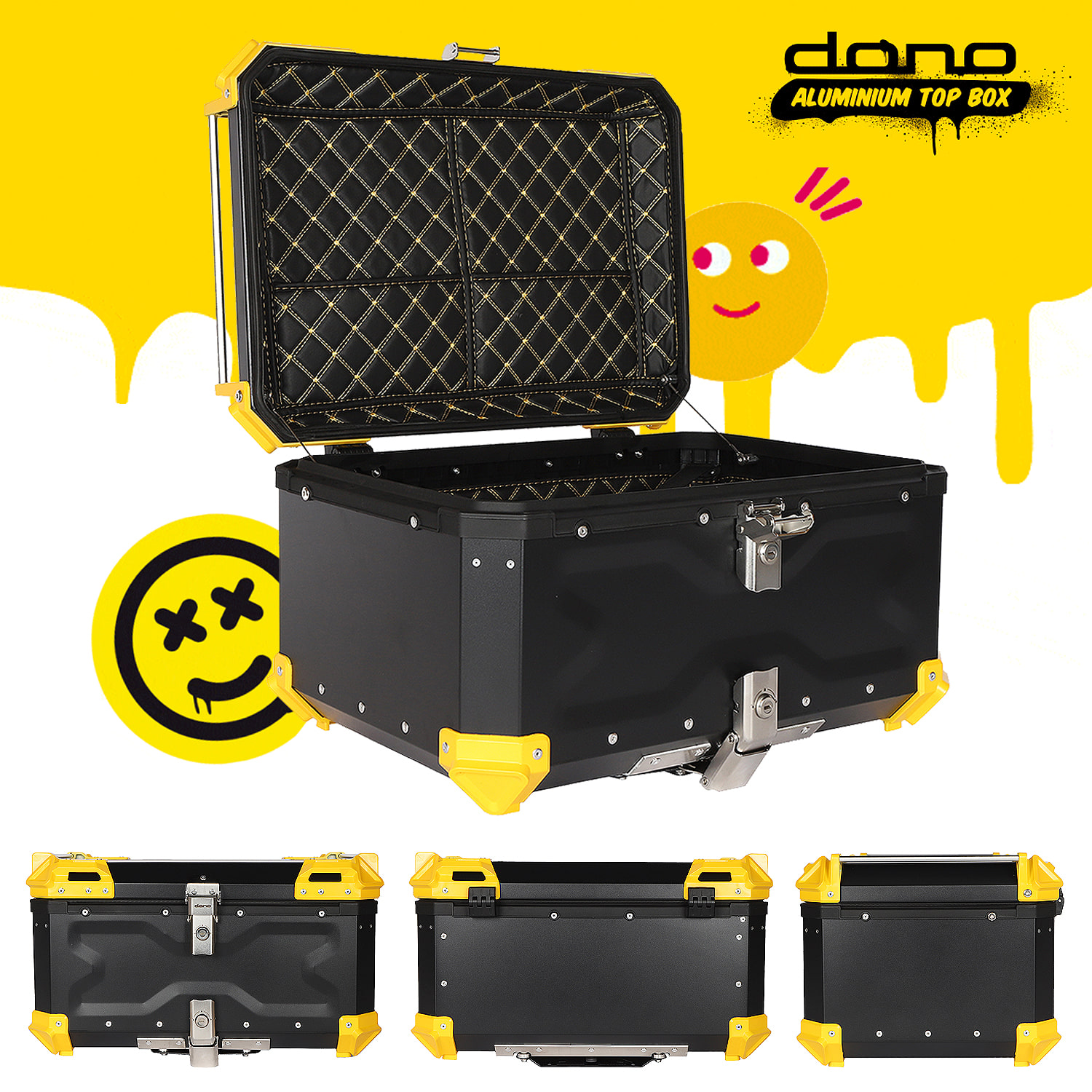 도노 오토바이 배달통 알루미늄 탑박스 대용량 고급 리어백 65L 85L DONO 블랙옐로우 로고 X | 라이더마트