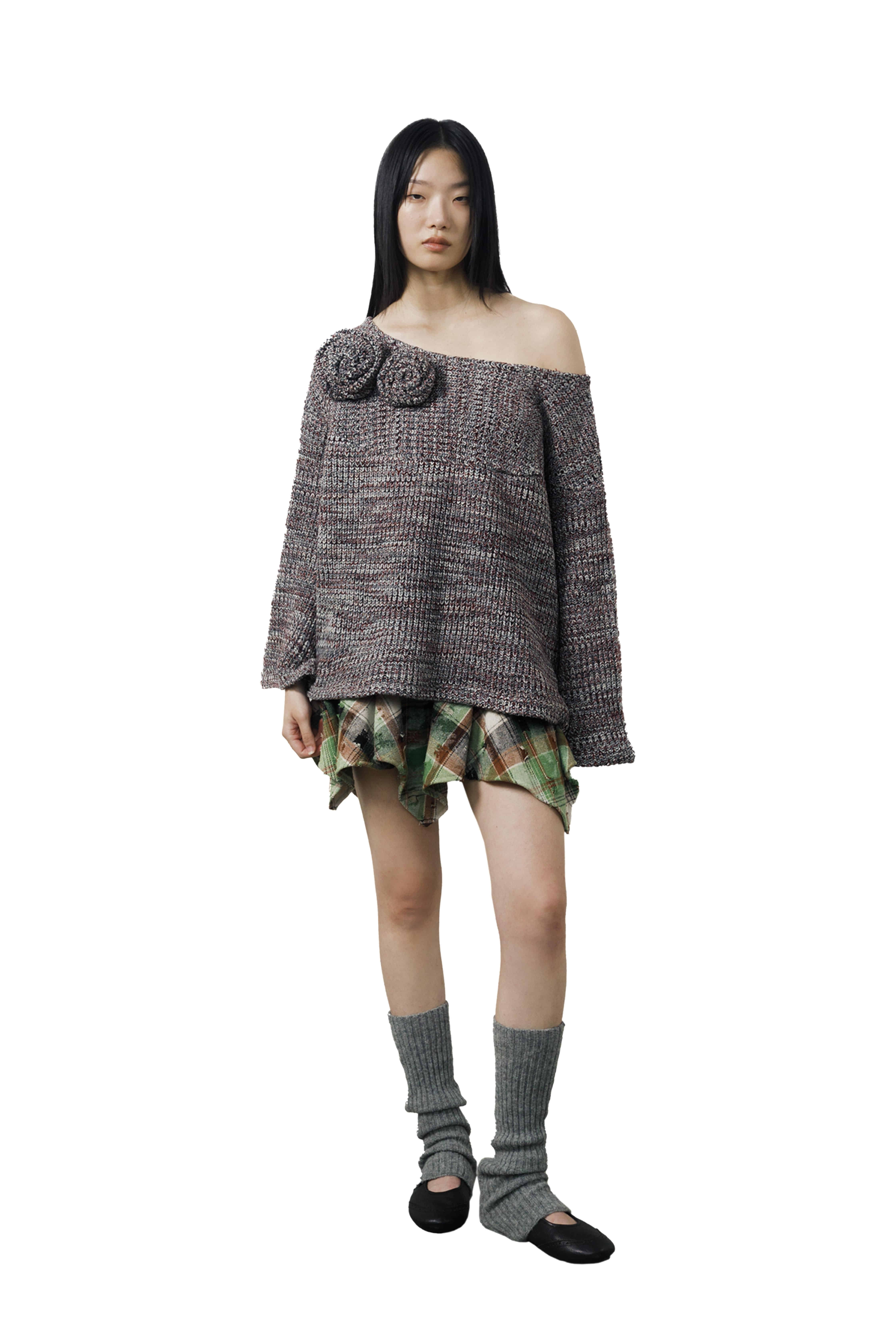 Wide Neck Sweater With Knitted Corsage - WET TAG