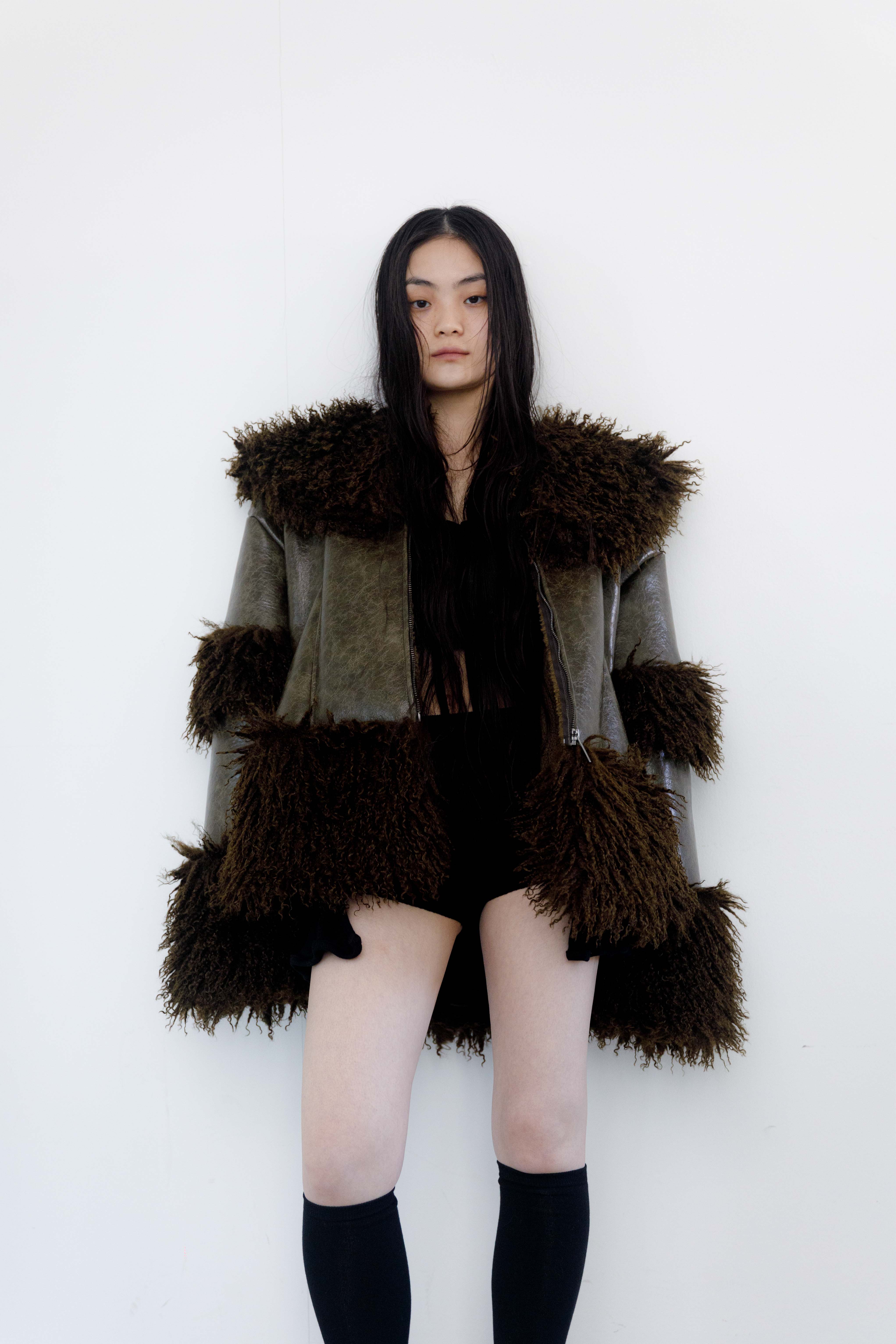 WET TAG | Wide Collar Leather Shearling Jacket