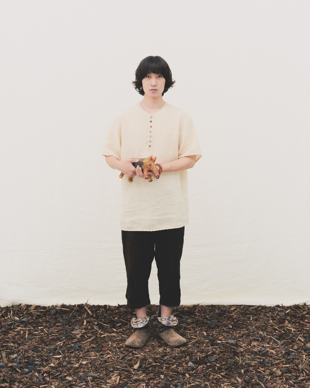 JAGORYU | TEA DYEING HENLEY NECK - BLACK TEA