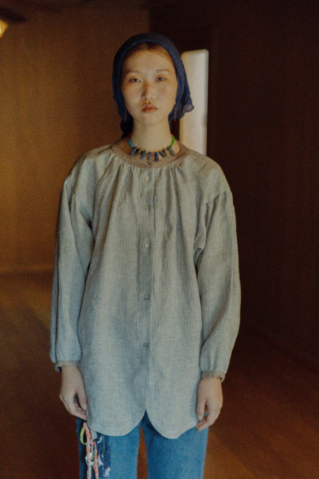 JAGORYU | Linen Shirring Shirt - Blue Stripe, 부드러운 실루엣과 자개 단추