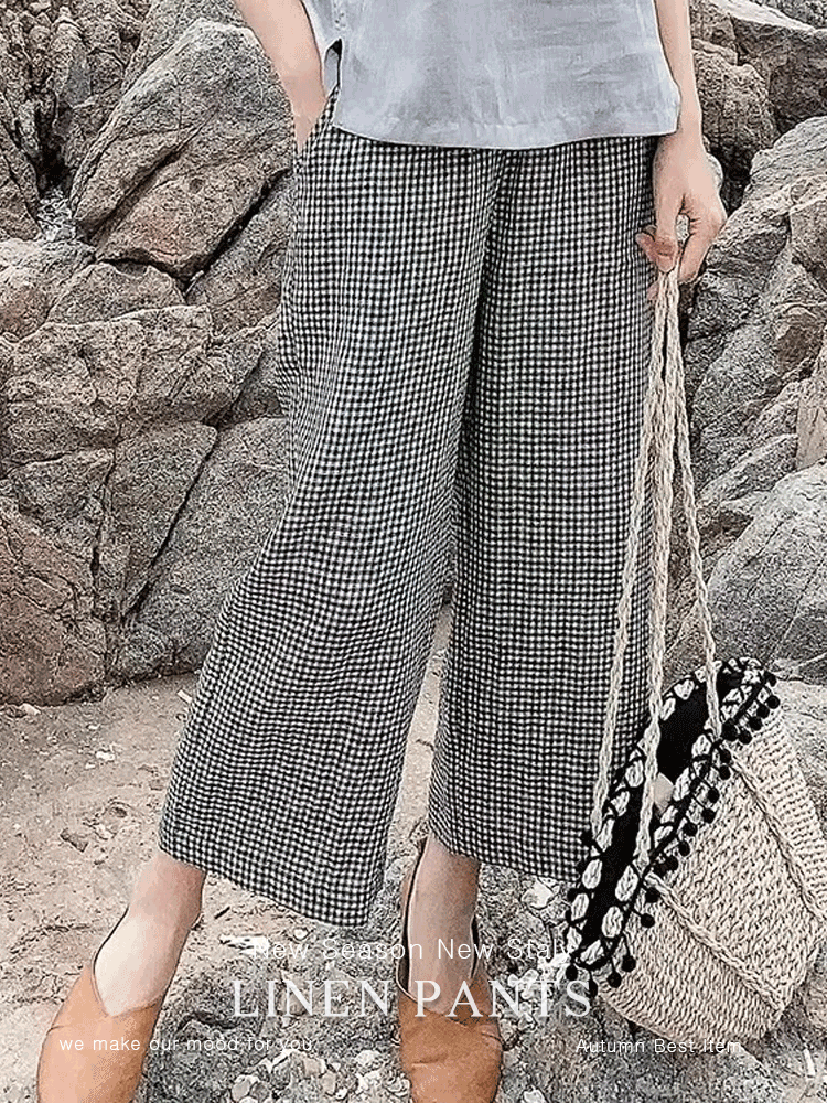 PL-105 체크무늬 린넨 9부 팬츠 - 옷단지