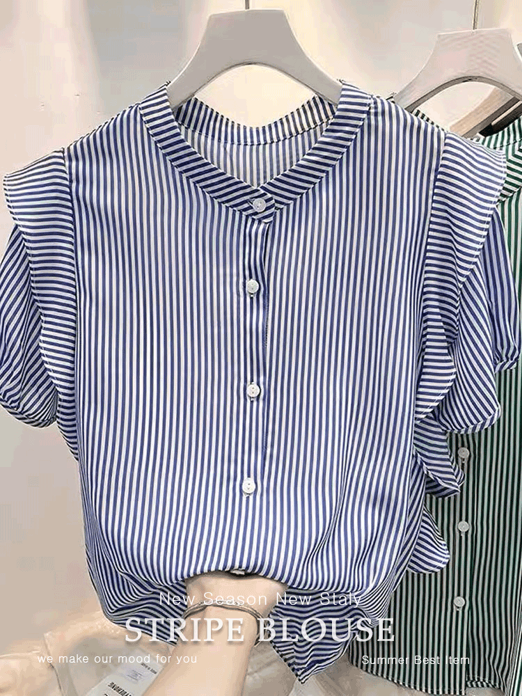 AB-1019 프릴 스트라이프 반팔 셔츠 - 옷단지