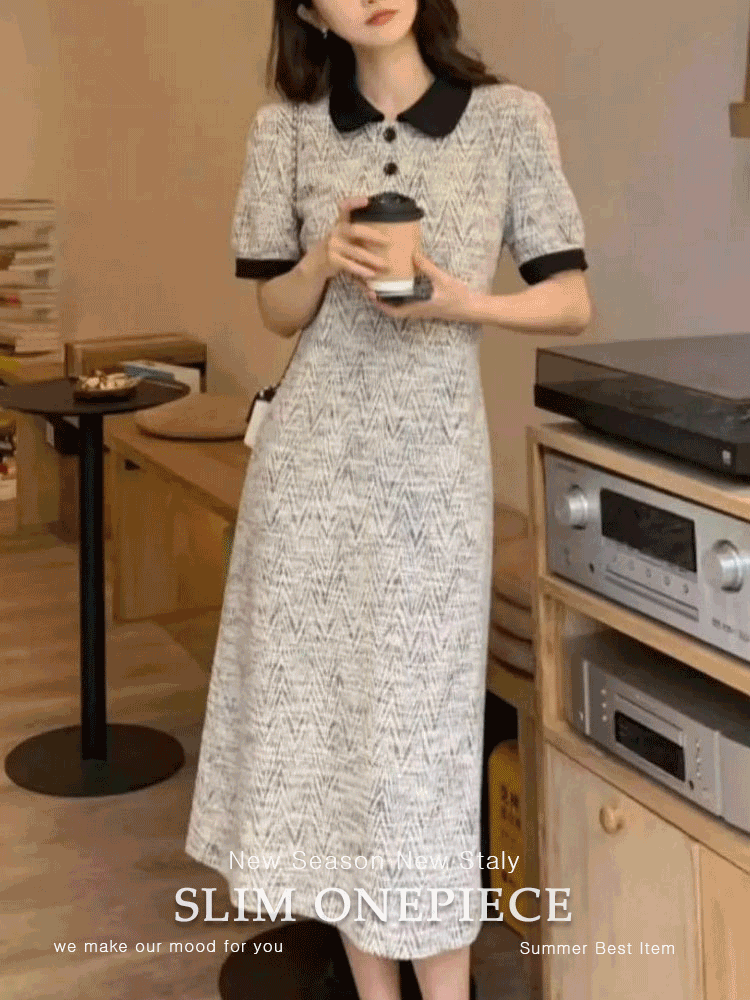 DD-369 배색 카라 슬림 원피스 - 옷단지