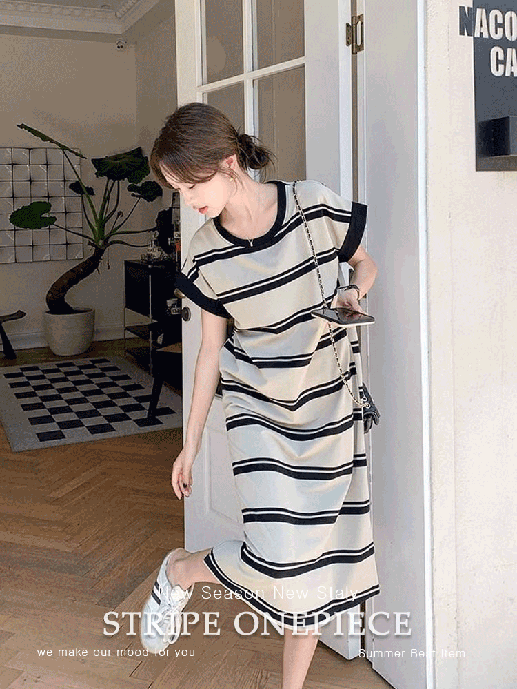 DD-374 스트라이프 루즈핏 원피스 - 옷단지
