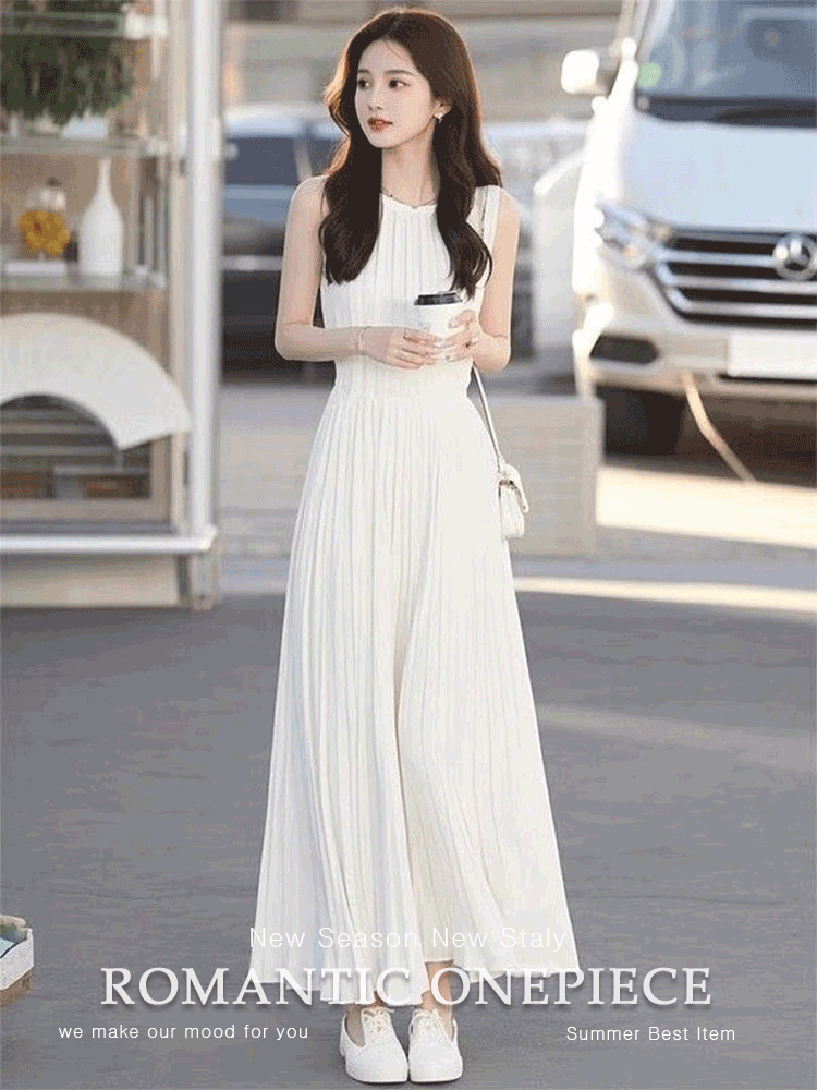 DD-385 플리츠 민소매 롱 원피스 - 옷단지