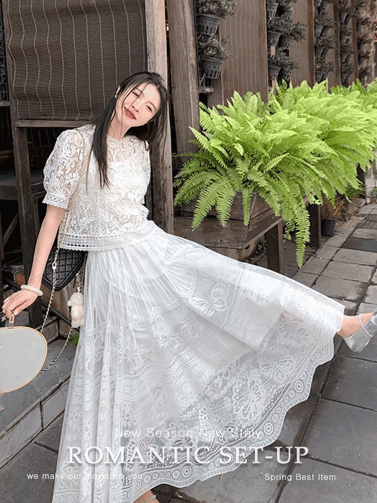 UL-180 레이스 블라우스 스커트 세트 - 옷단지