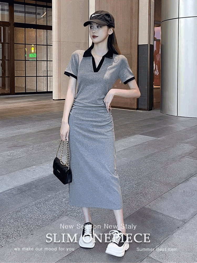 DD-364 카라 배색 슬림 원피스 - 옷단지